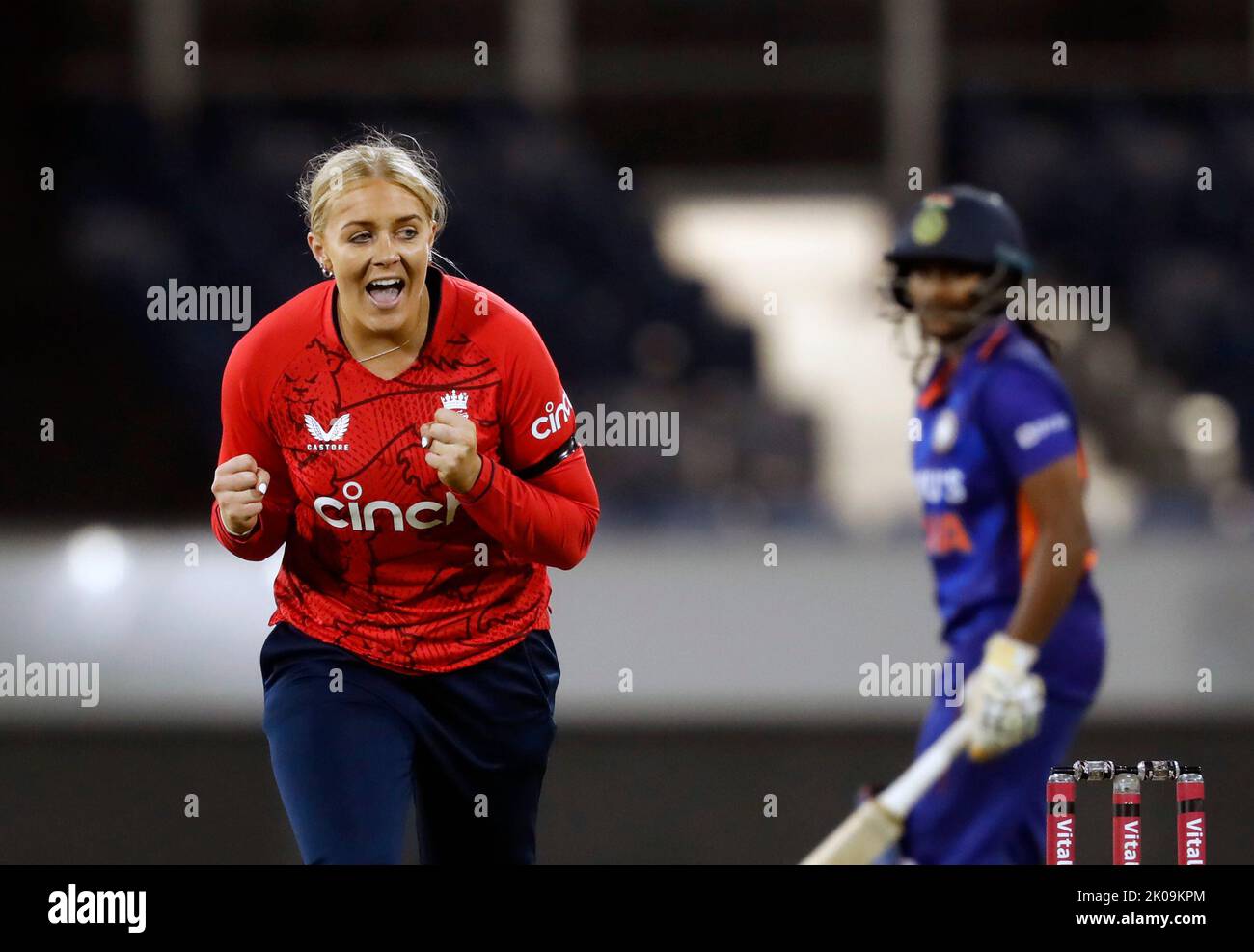 England's Sarah Glenn celebrates the wicket of India's Shafali Verma ...