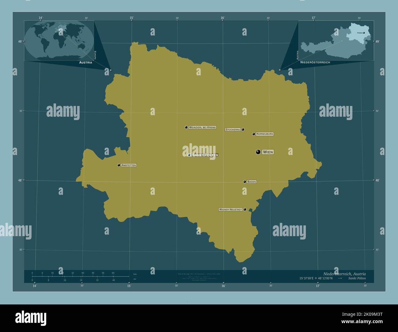 Niederosterreich, state of Austria. Solid color shape. Locations and ...