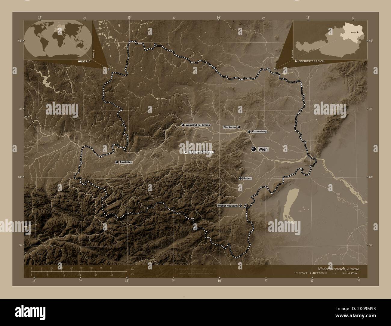 Niederosterreich, state of Austria. Elevation map colored in sepia ...