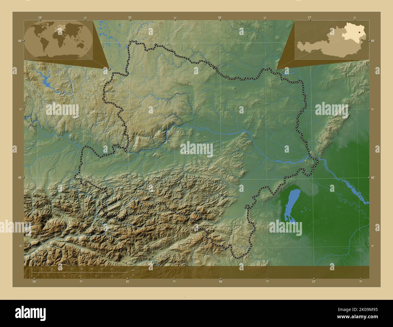 Niederosterreich, state of Austria. Colored elevation map with lakes ...