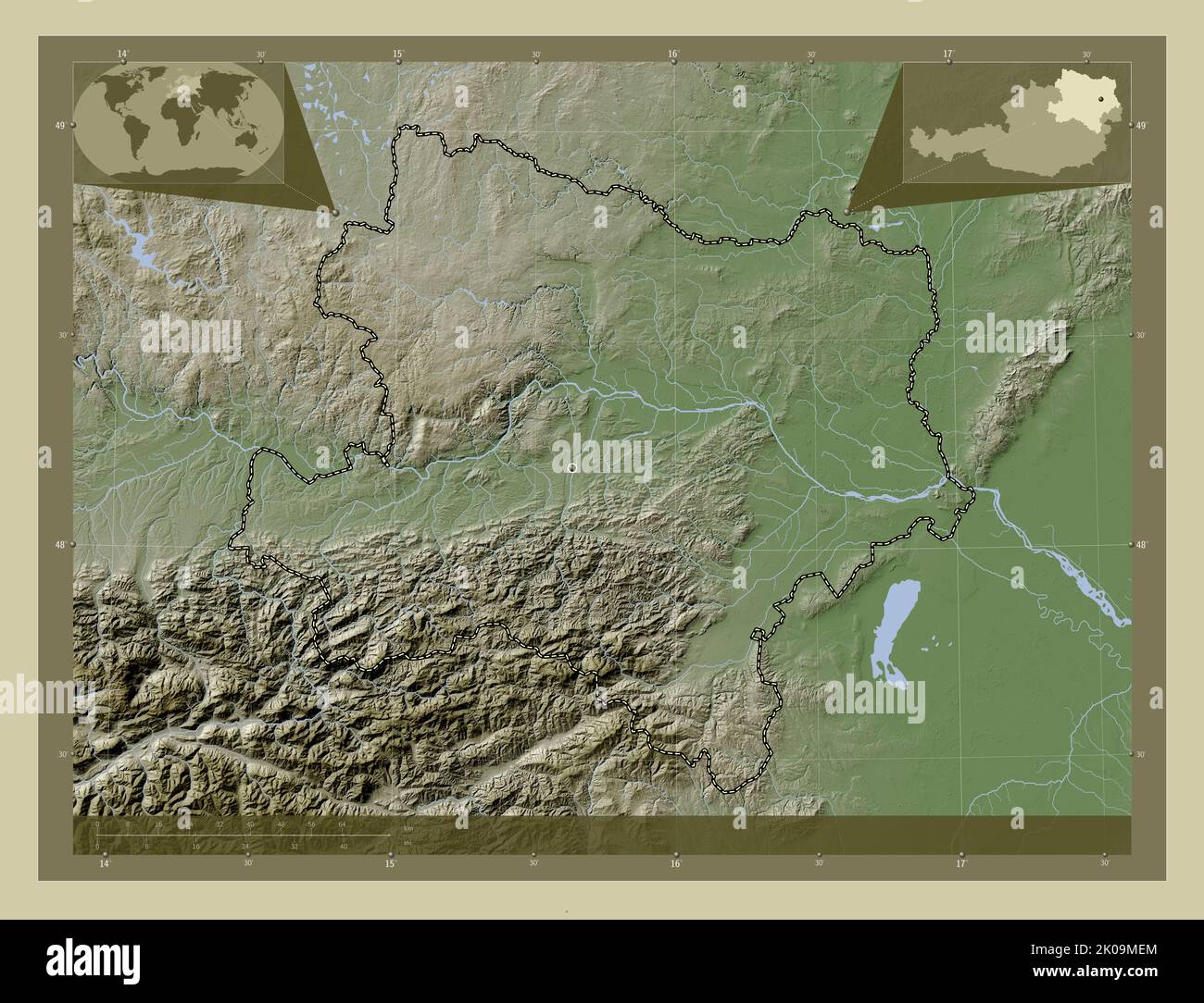 Niederosterreich, state of Austria. Elevation map colored in wiki style with lakes and rivers ...