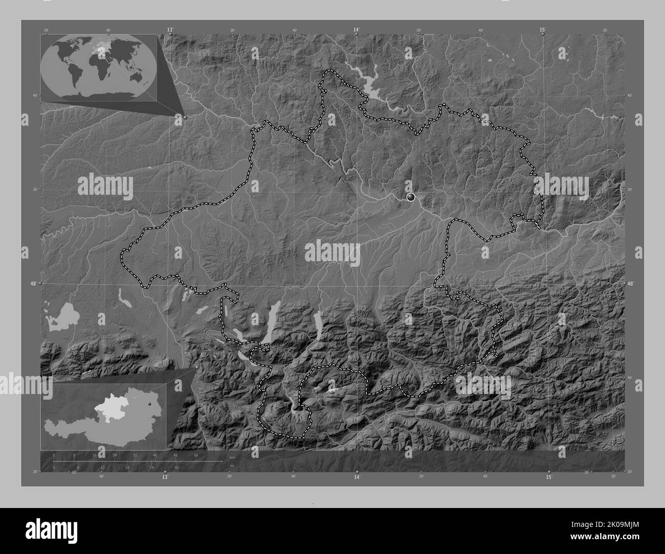 Oberosterreich, state of Austria. Grayscale elevation map with lakes and rivers. Corner ...