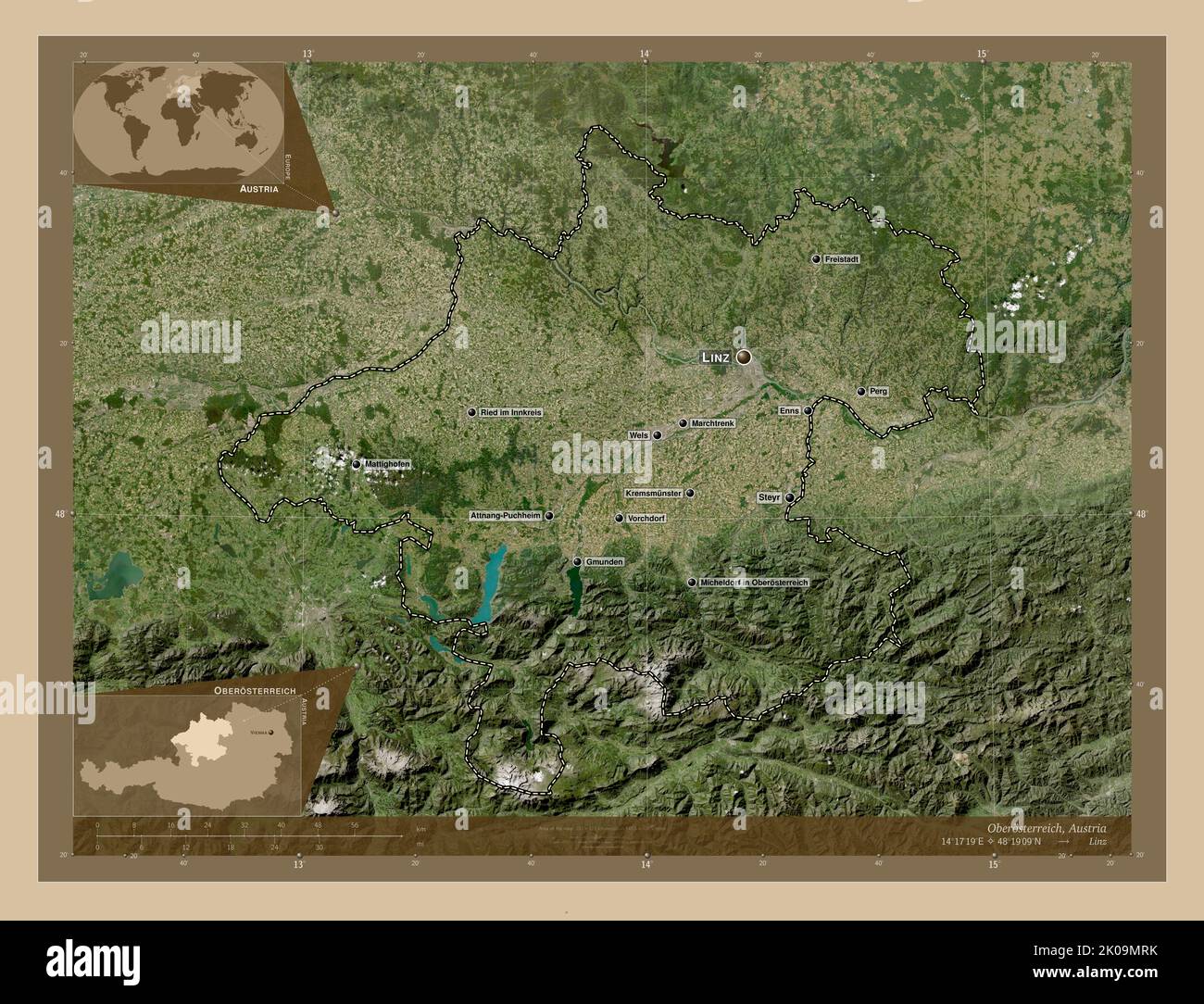 Oberosterreich, state of Austria. Low resolution satellite map ...