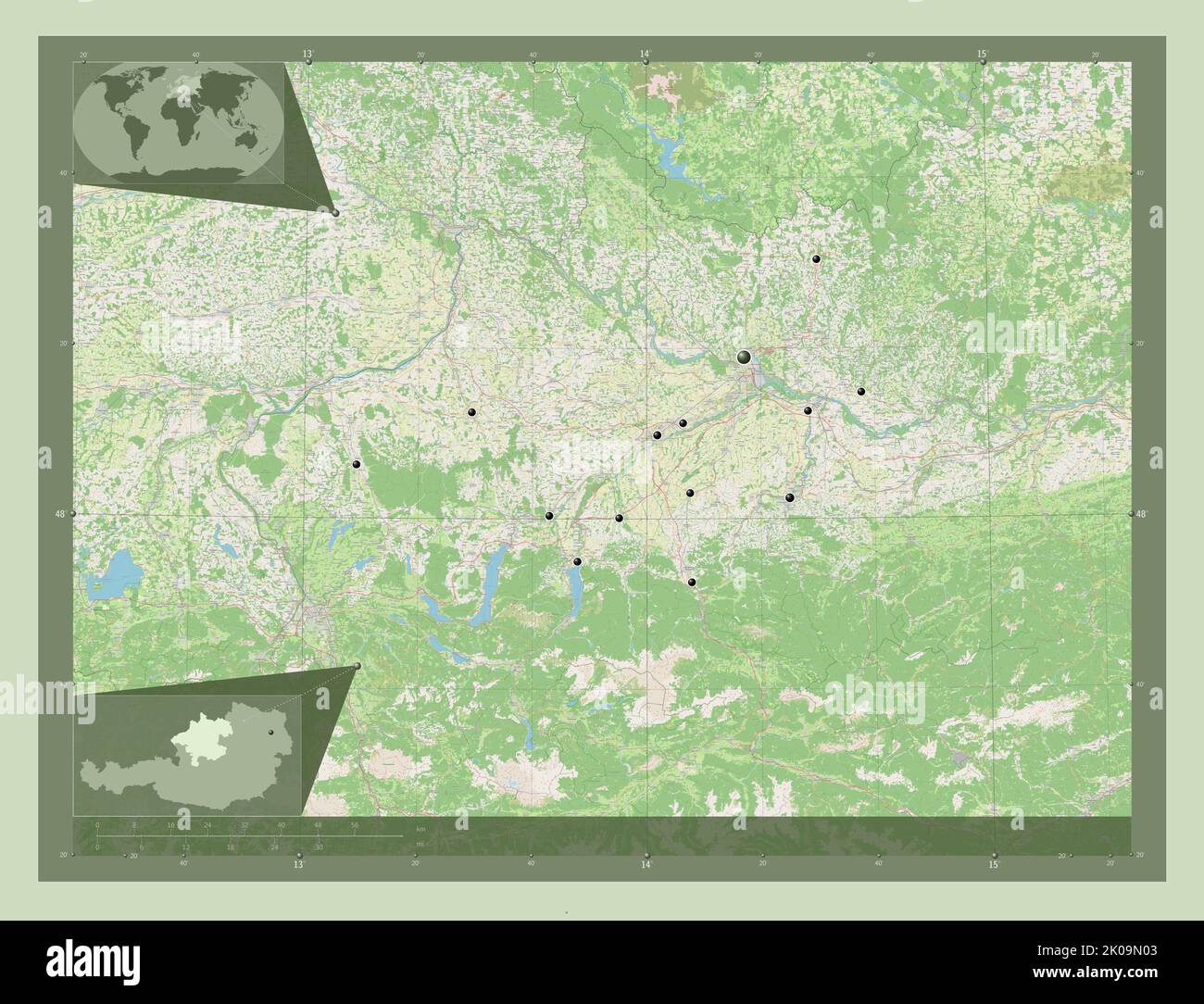 Oberosterreich, state of Austria. Open Street Map. Locations of major cities of the region ...