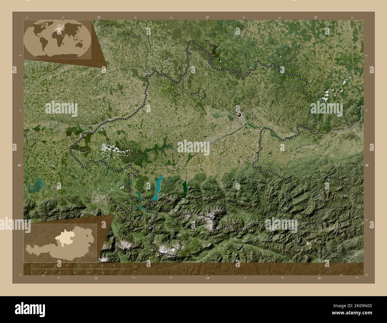 Oberosterreich, state of Austria. Low resolution satellite map. Corner ...