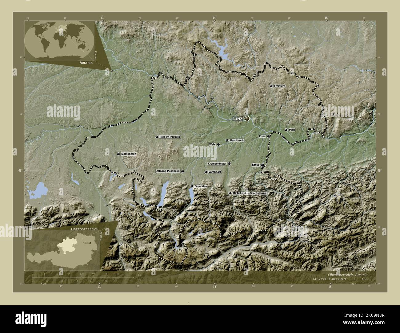 Oberosterreich, state of Austria. Elevation map colored in wiki style ...