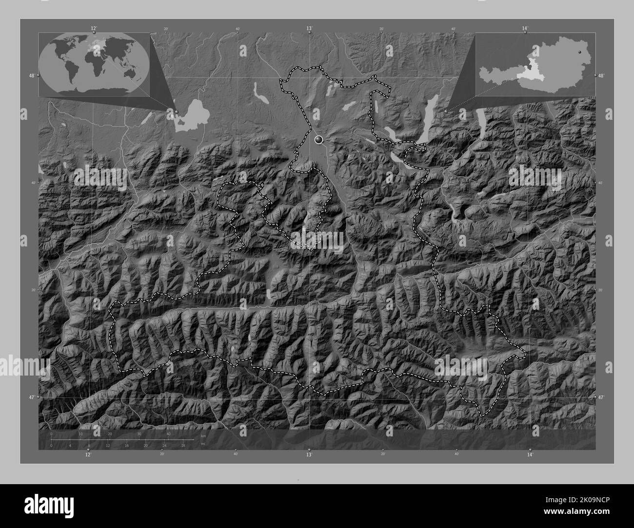 Salzburg, state of Austria. Grayscale elevation map with lakes and rivers. Corner auxiliary ...