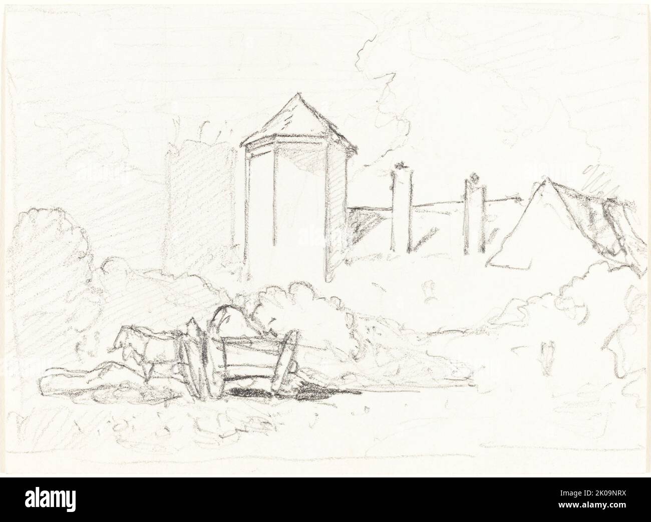 Sketch of Buildings with Cart and Horses in Foreground Stock Photo - Alamy