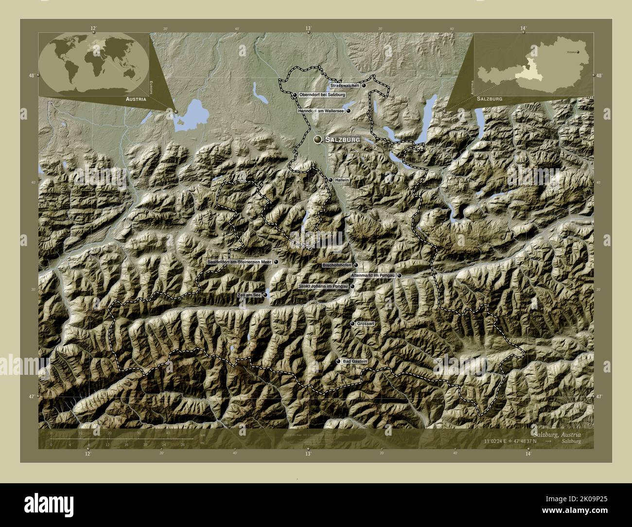 Salzburg, state of Austria. Elevation map colored in wiki style with ...