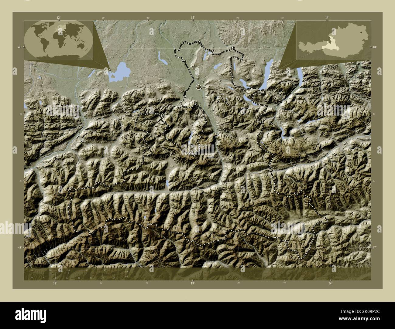 Salzburg, state of Austria. Elevation map colored in wiki style with lakes and rivers. Corner ...