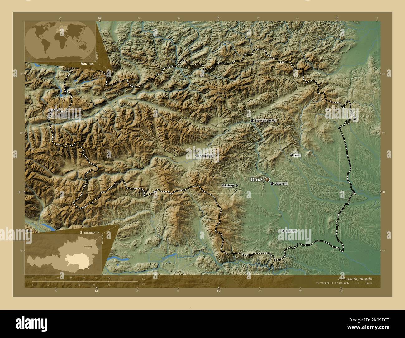 Steiermark, state of Austria. Colored elevation map with lakes and ...