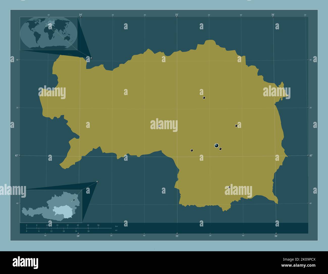 Steiermark, state of Austria. Solid color shape. Locations of major ...