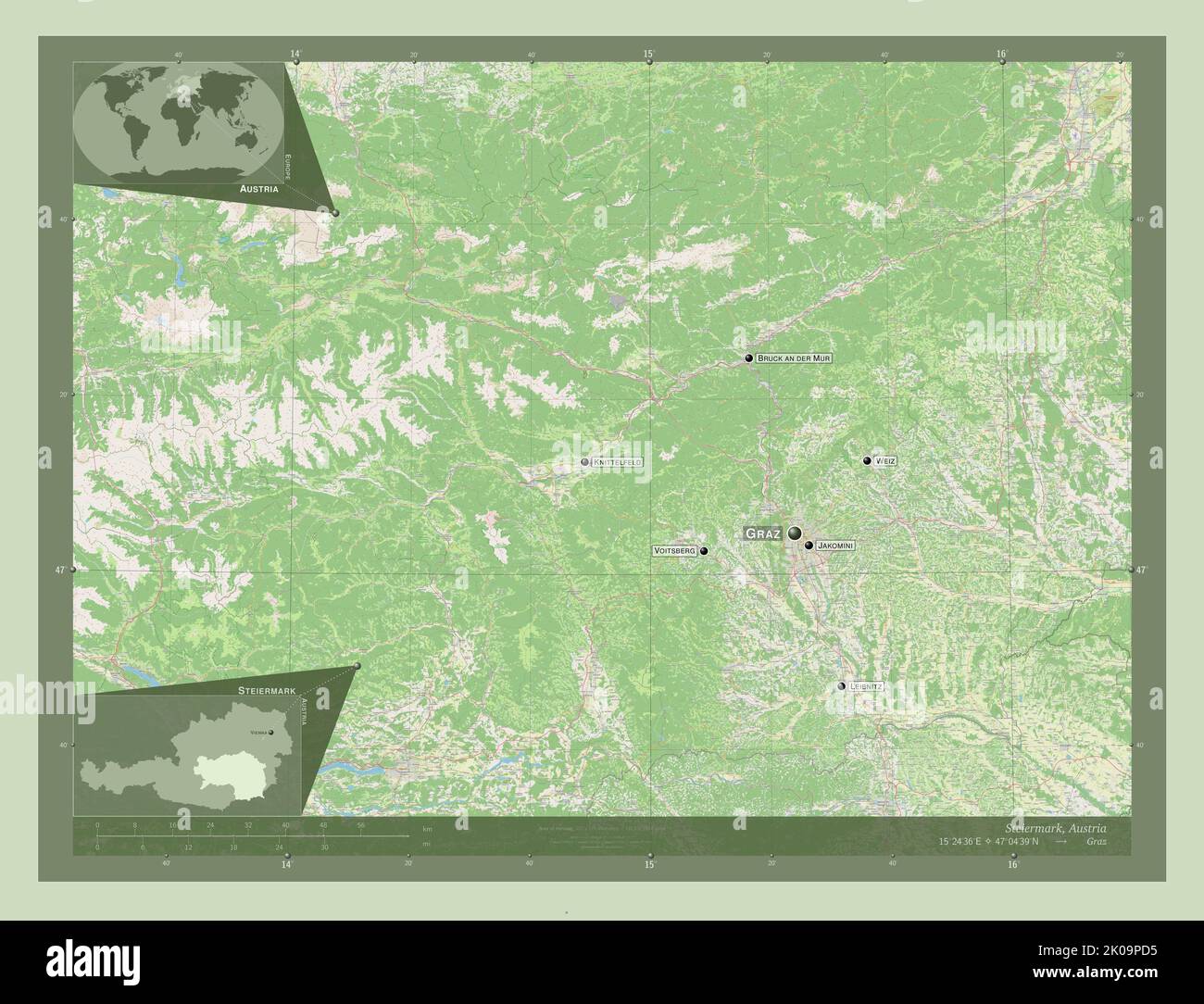 Steiermark, state of Austria. Open Street Map. Locations and names of ...