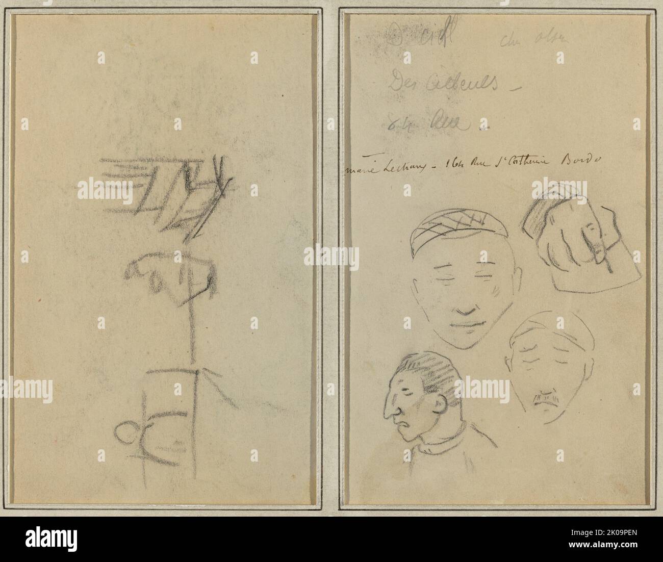Two Figures and a Bench; Three Studies of Men's Heads and One of a Hand ...