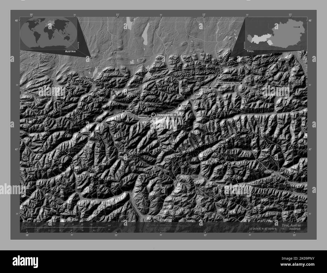 Tirol, state of Austria. Bilevel elevation map with lakes and rivers ...