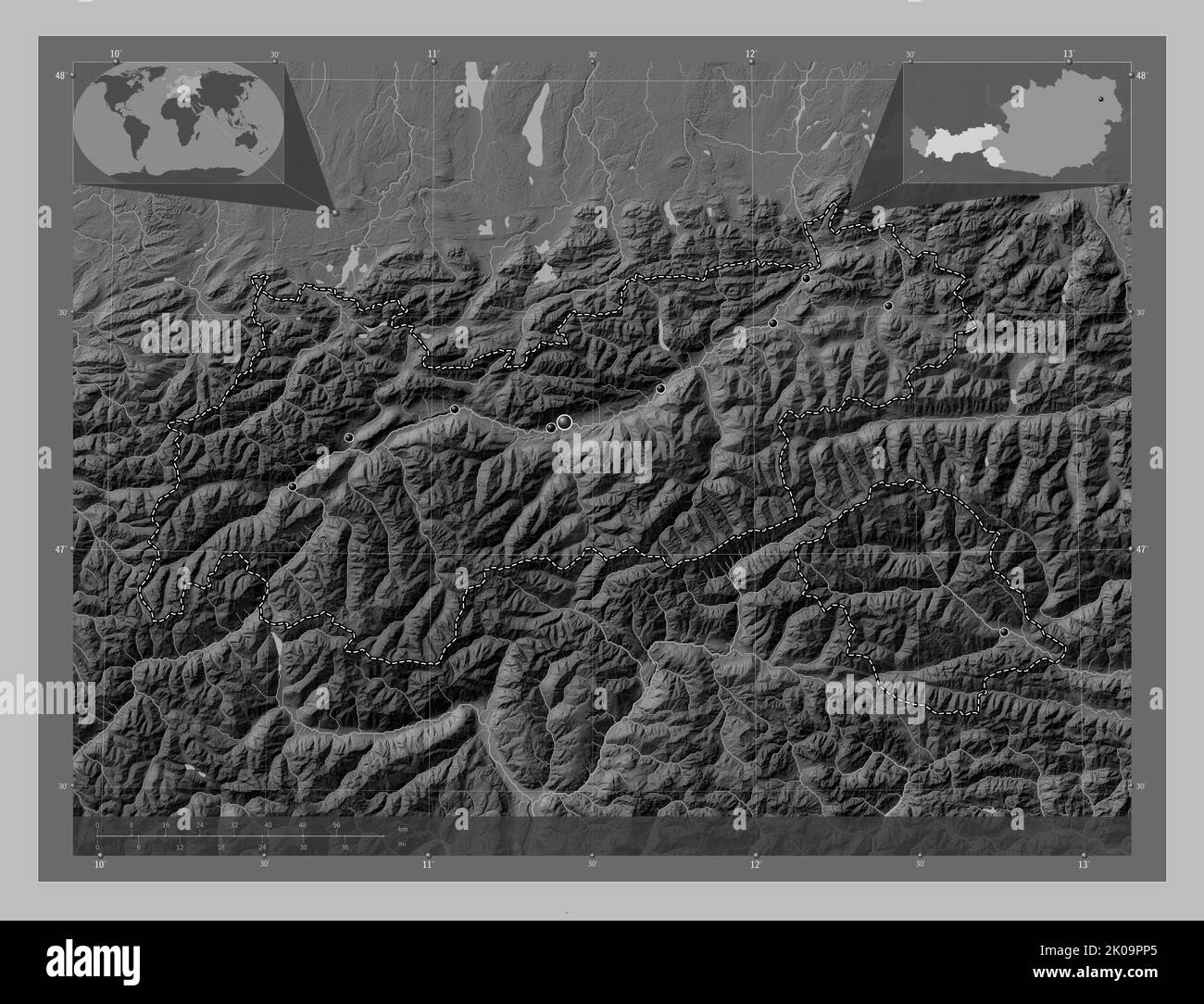 Tirol, state of Austria. Grayscale elevation map with lakes and rivers ...