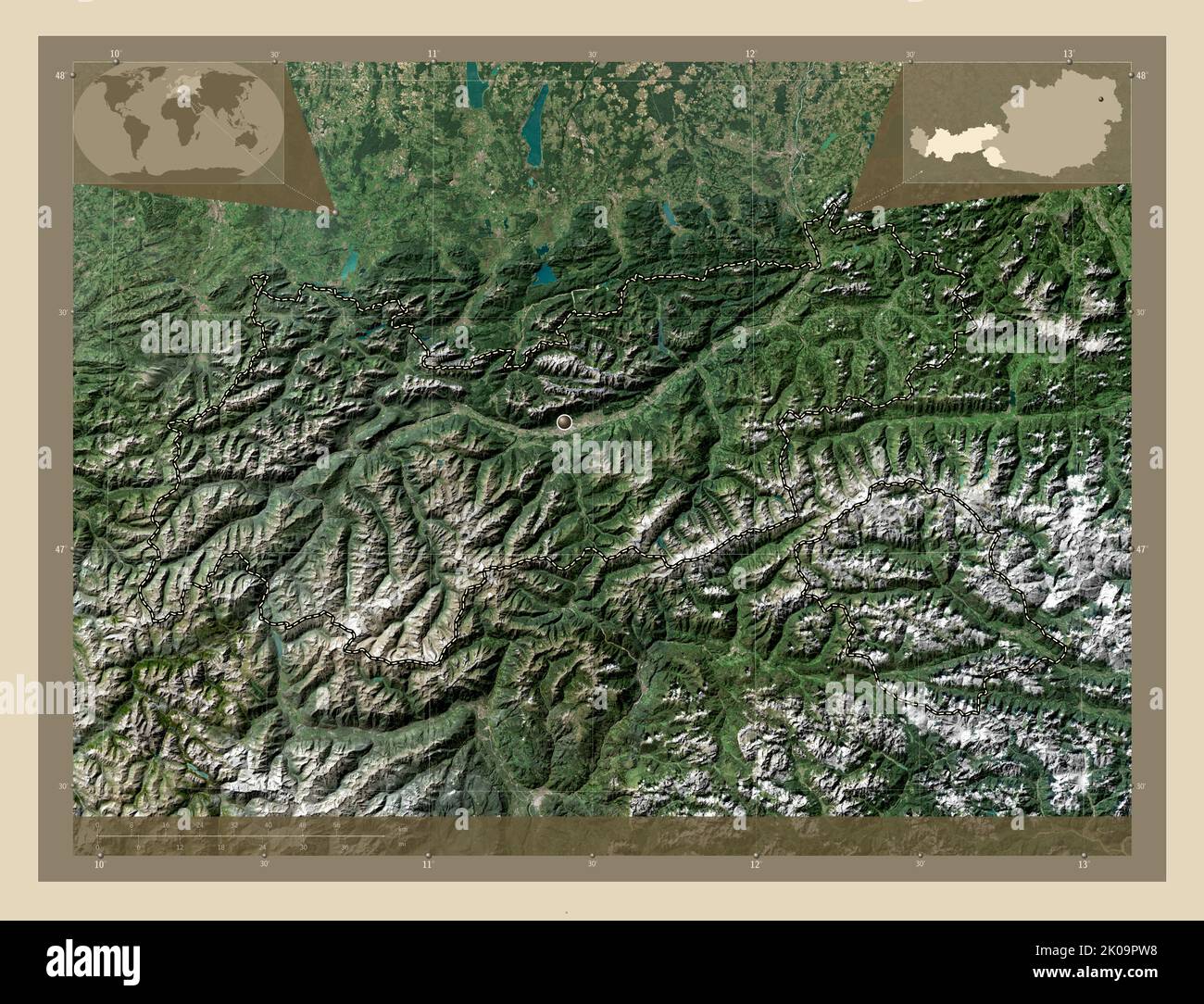 Tirol, state of Austria. High resolution satellite map. Corner ...