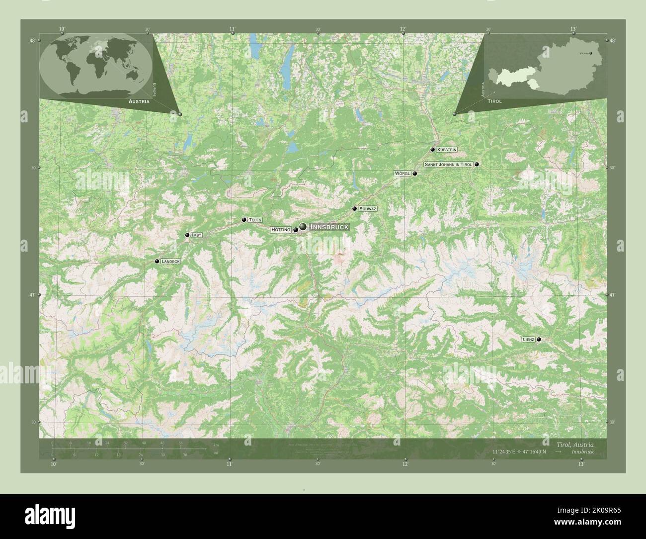 Tirol, state of Austria. Open Street Map. Locations and names of major ...