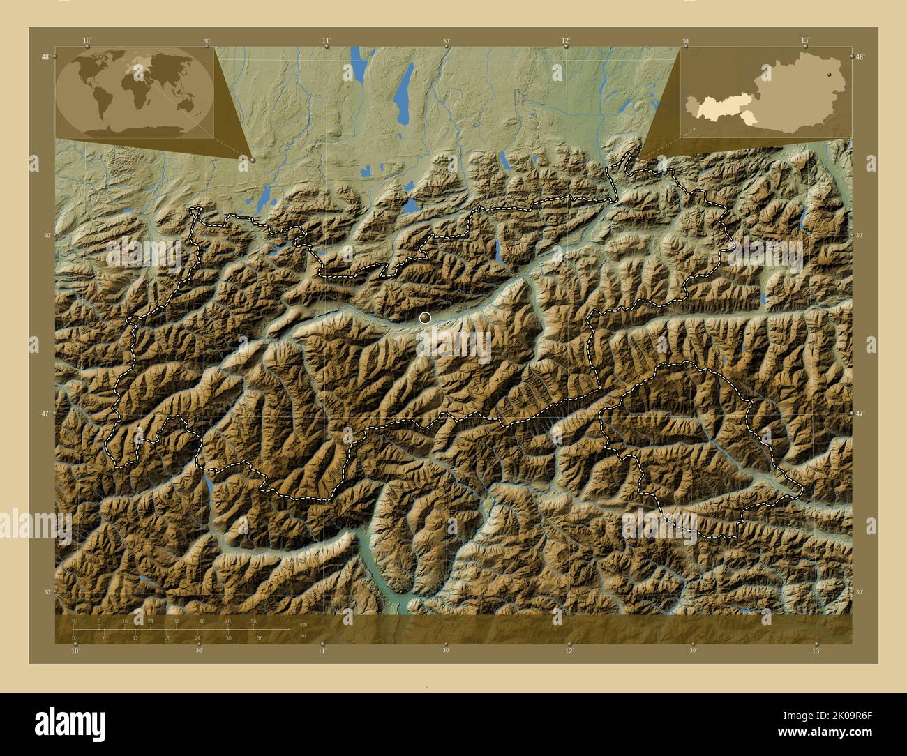 Tirol, state of Austria. Colored elevation map with lakes and rivers. Corner auxiliary location ...