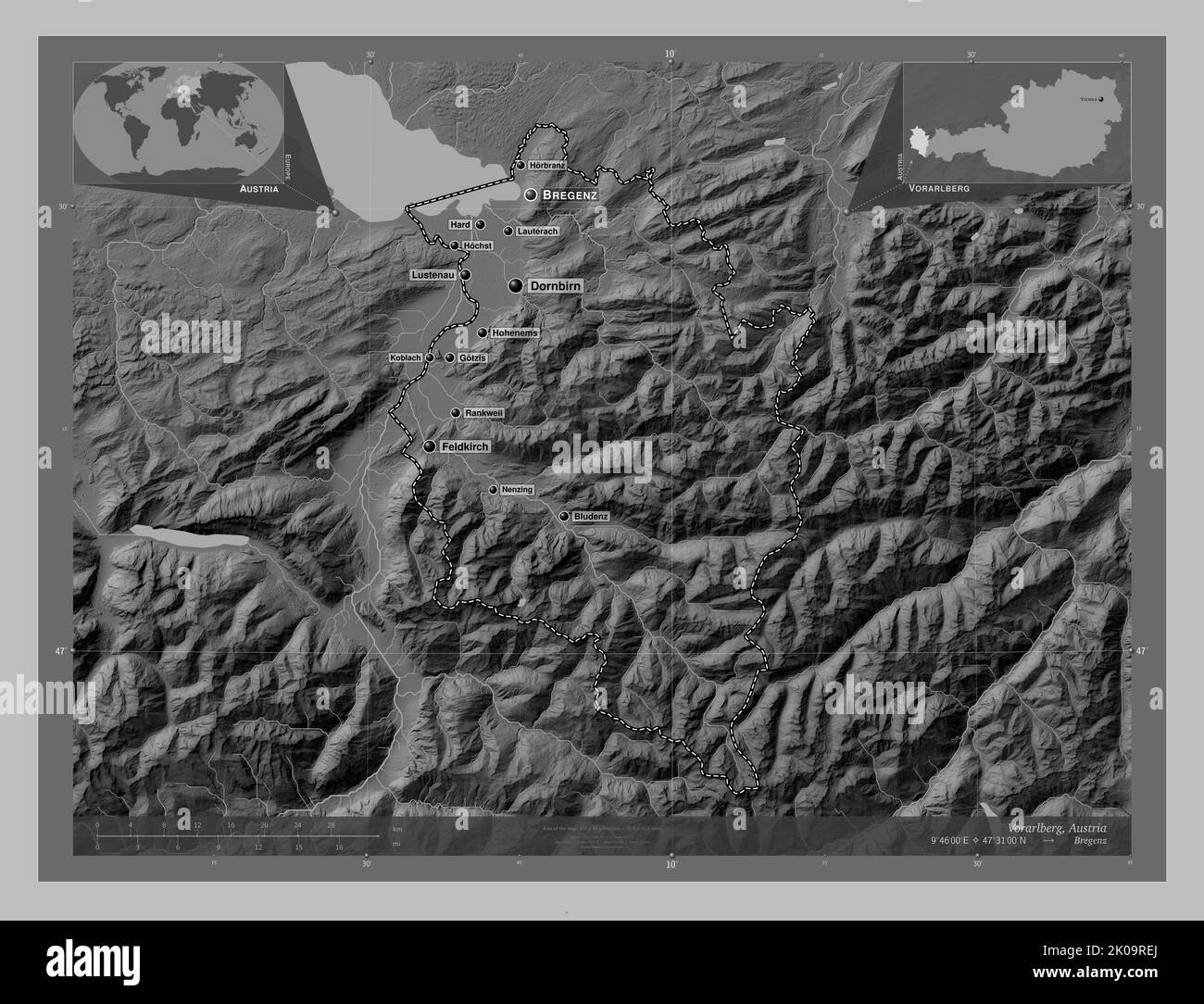 Vorarlberg, state of Austria. Grayscale elevation map with lakes and rivers. Locations and names ...