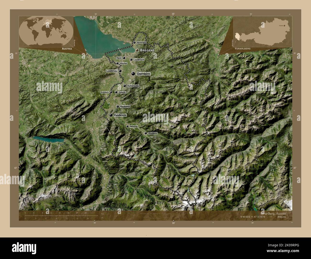 Vorarlberg, state of Austria. Low resolution satellite map. Locations ...