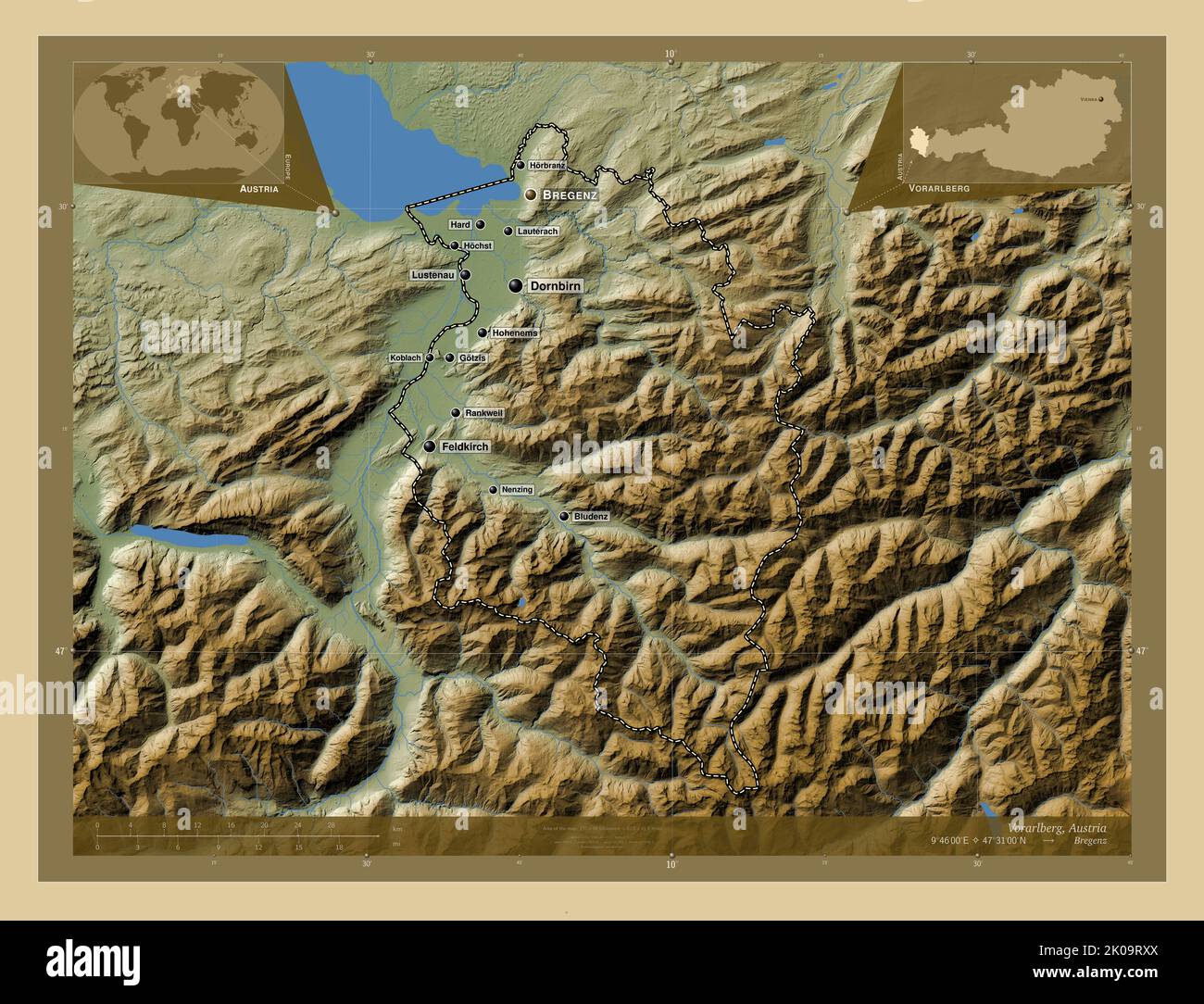 Vorarlberg, state of Austria. Colored elevation map with lakes and ...