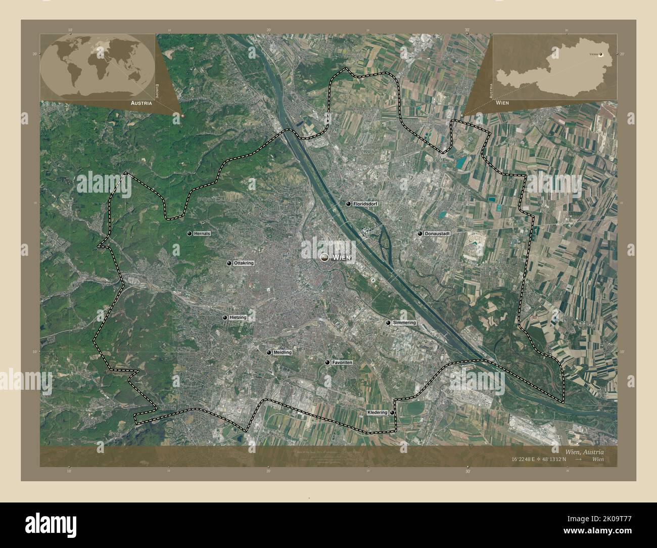 Wien, state of Austria. High resolution satellite map. Locations and ...