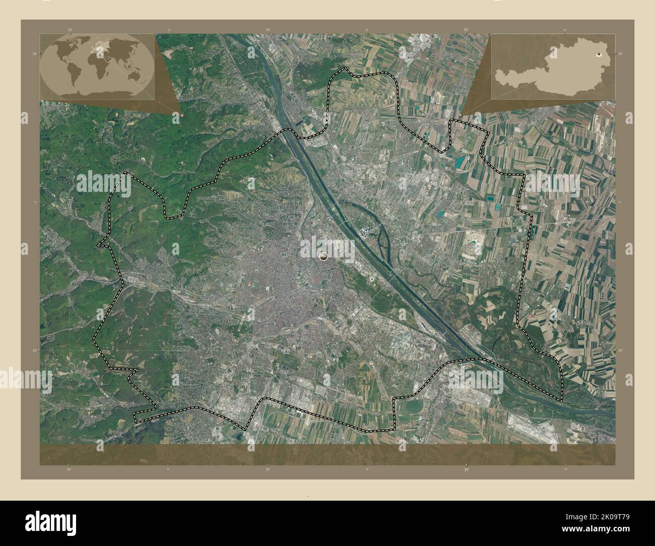 Wien, state of Austria. High resolution satellite map. Corner auxiliary ...