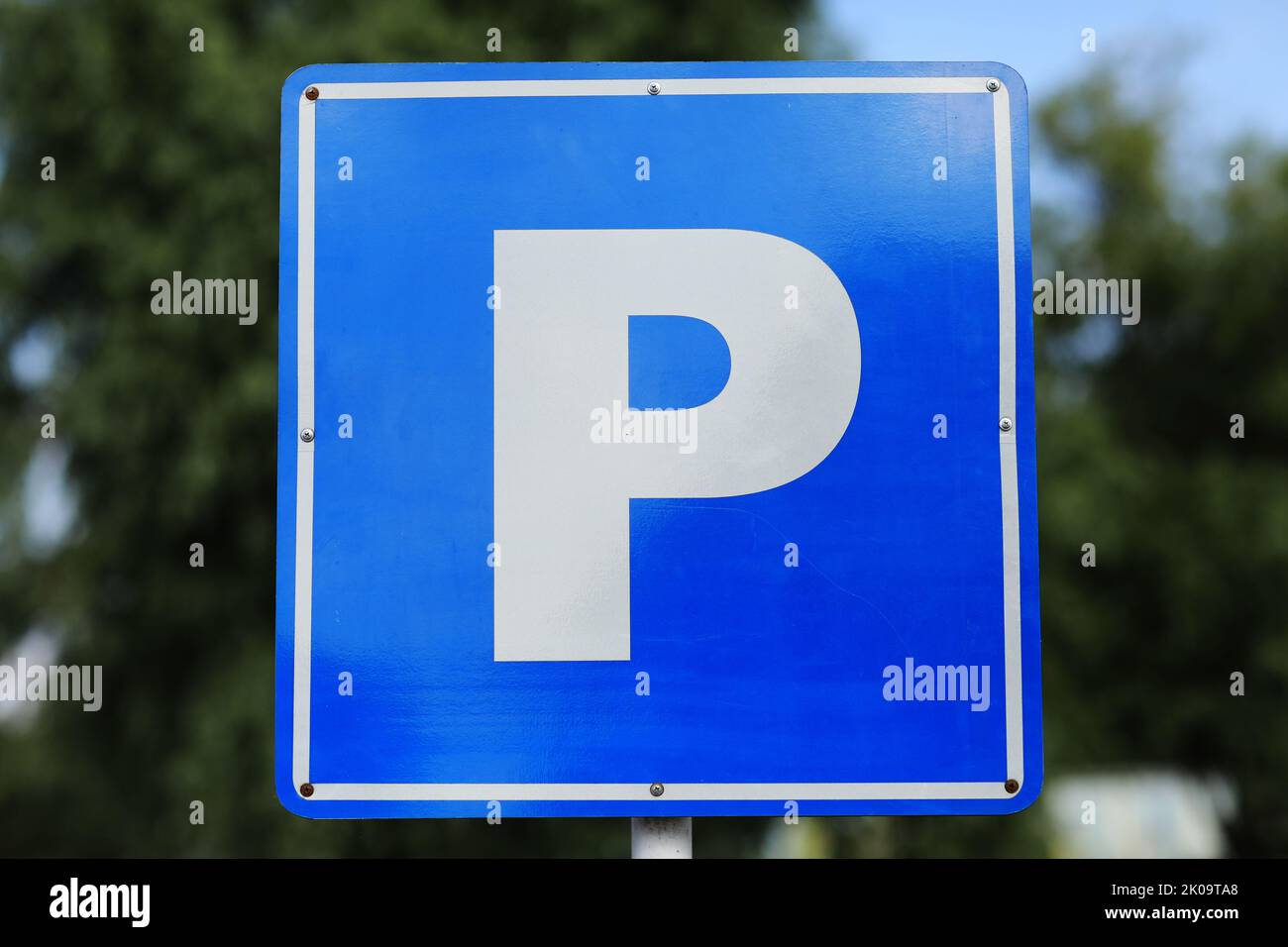 Closeup of a modern free parking sign road sign on nature park ...