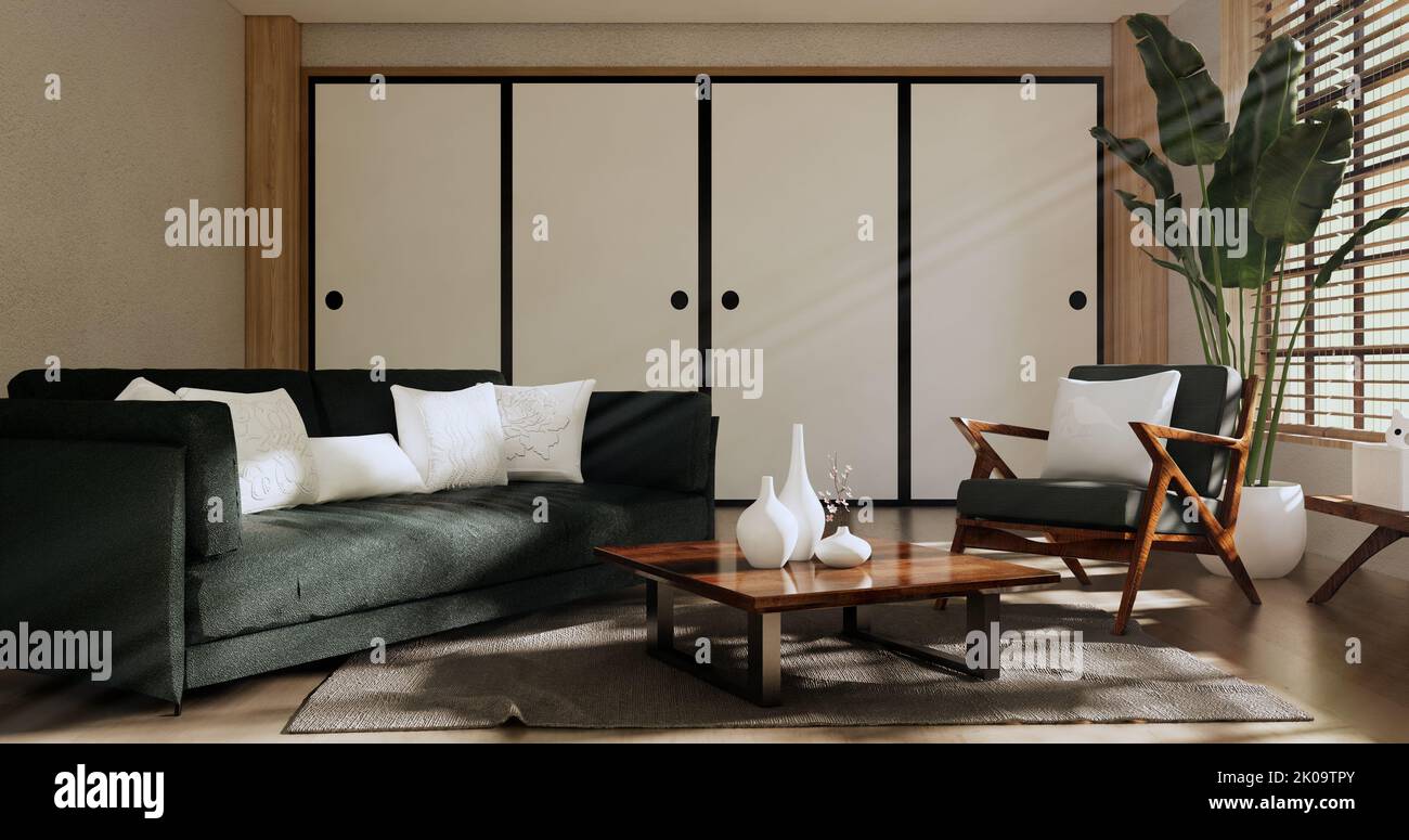 sofa and decoration japanese on Modern room interior wabisabi style.3D ...