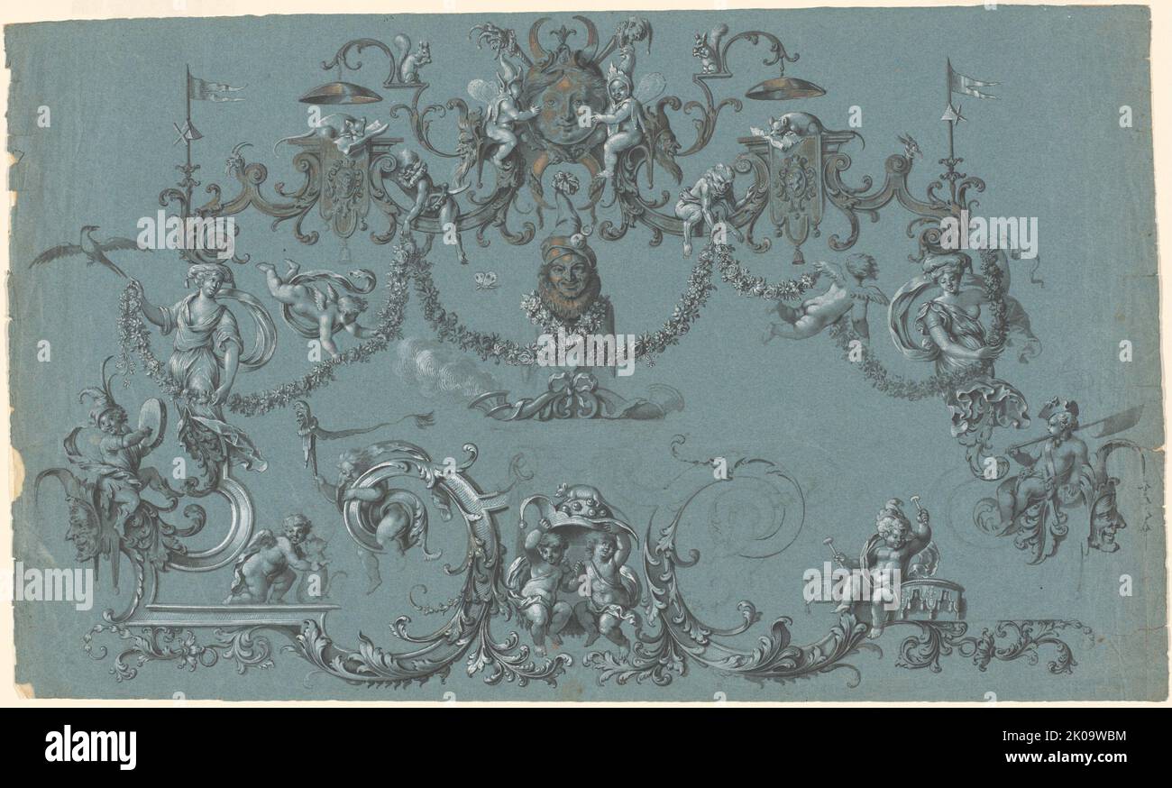 Arabesques with Frolicking Putti, Animals, and Jesters, c. 1750 Stock ...