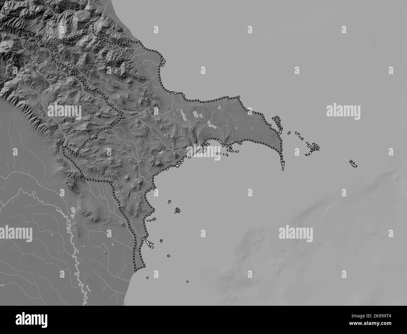 Absheron, region of Azerbaijan. Bilevel elevation map with lakes and ...