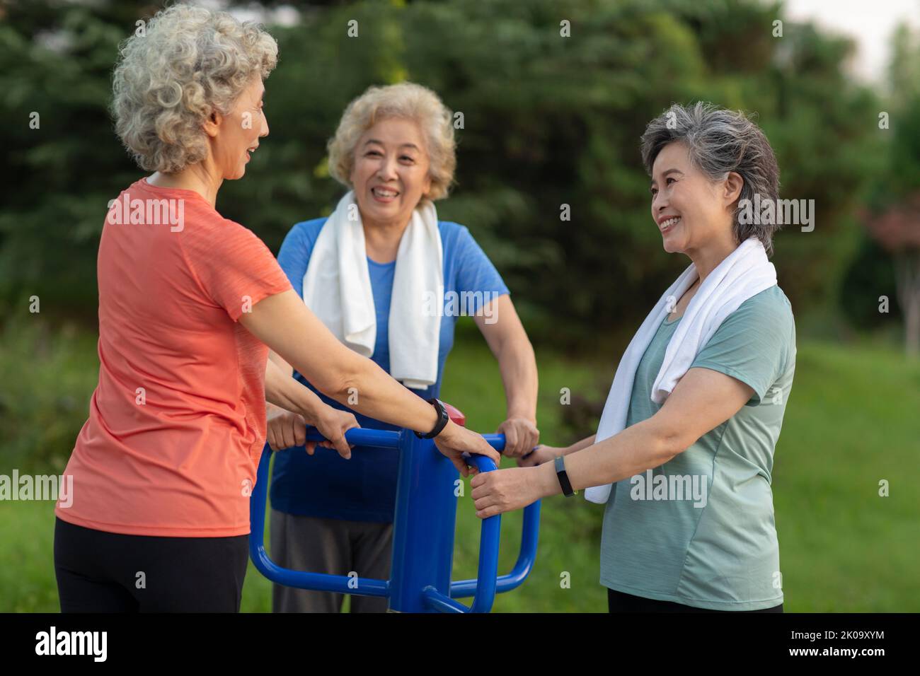 Happy senior Chinese friends exercising in park Stock Photo - Alamy