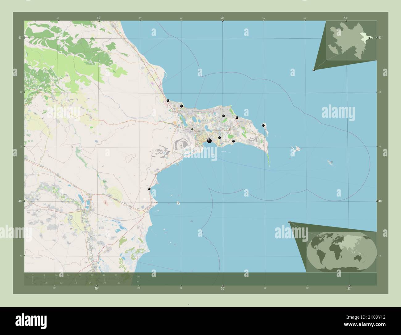 Absheron, region of Azerbaijan. Open Street Map. Locations of major ...