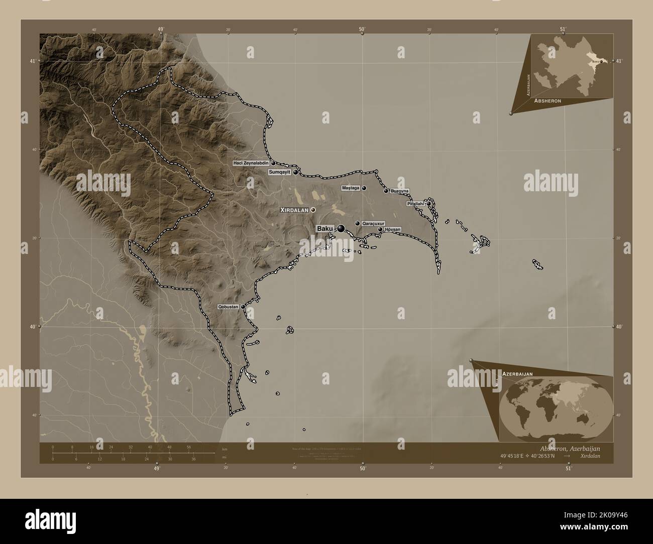 Absheron, region of Azerbaijan. Elevation map colored in sepia tones ...