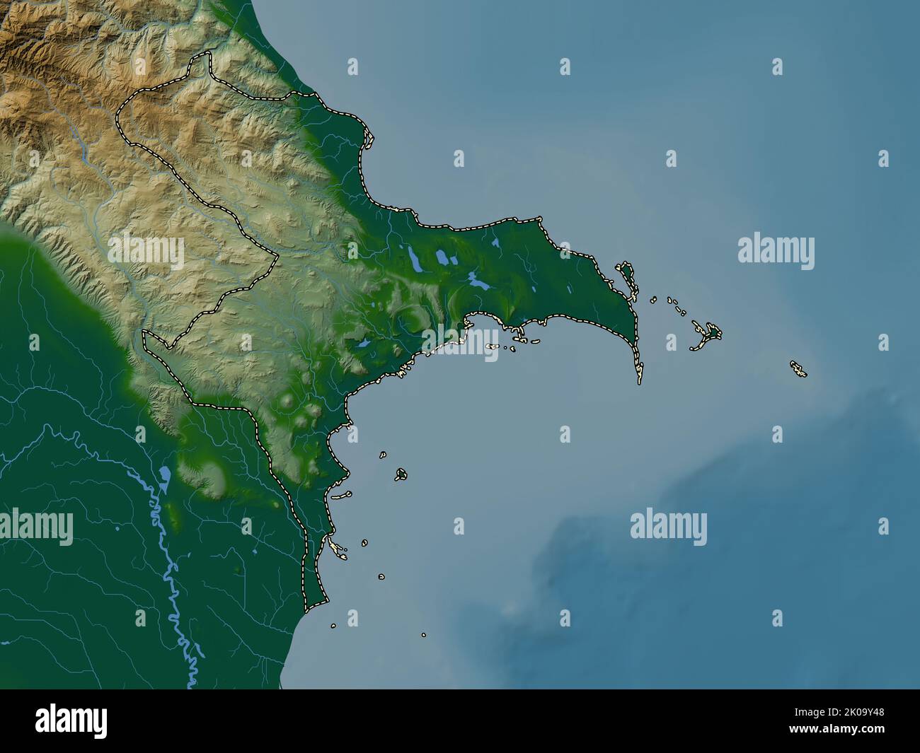 Absheron, region of Azerbaijan. Colored elevation map with lakes and ...