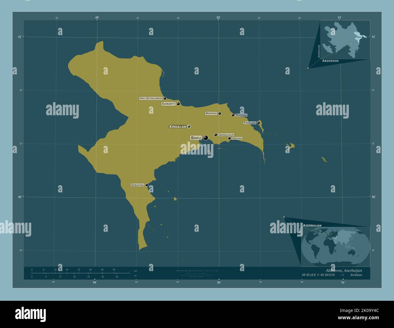 Absheron, region of Azerbaijan. Solid color shape. Locations and names ...