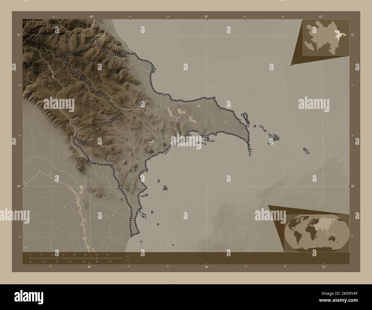 Absheron, region of Azerbaijan. Elevation map colored in sepia tones ...