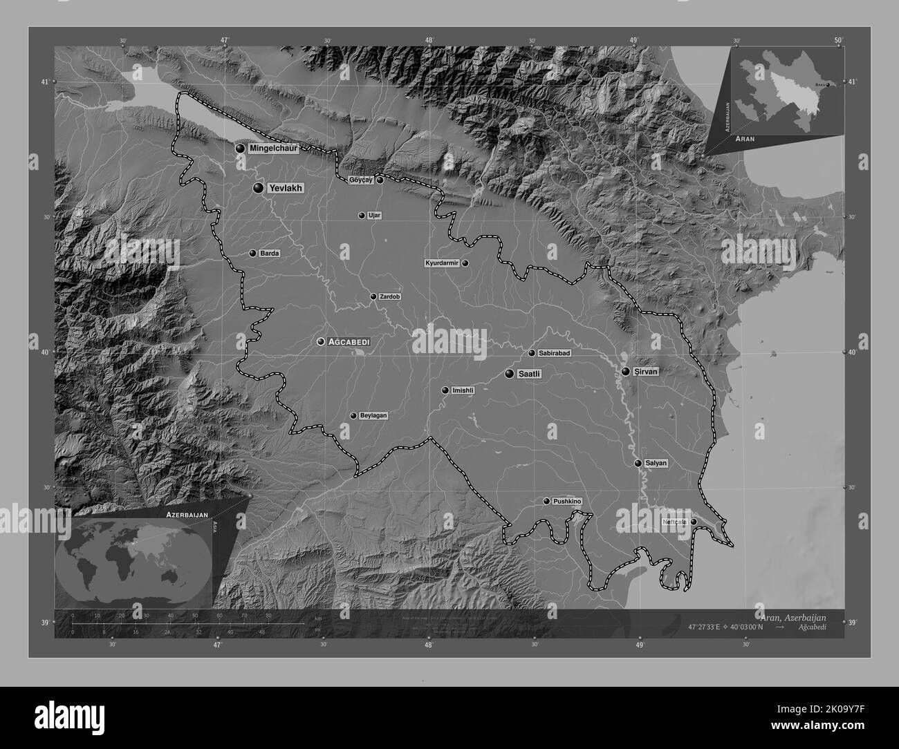 Aran, region of Azerbaijan. Bilevel elevation map with lakes and rivers ...