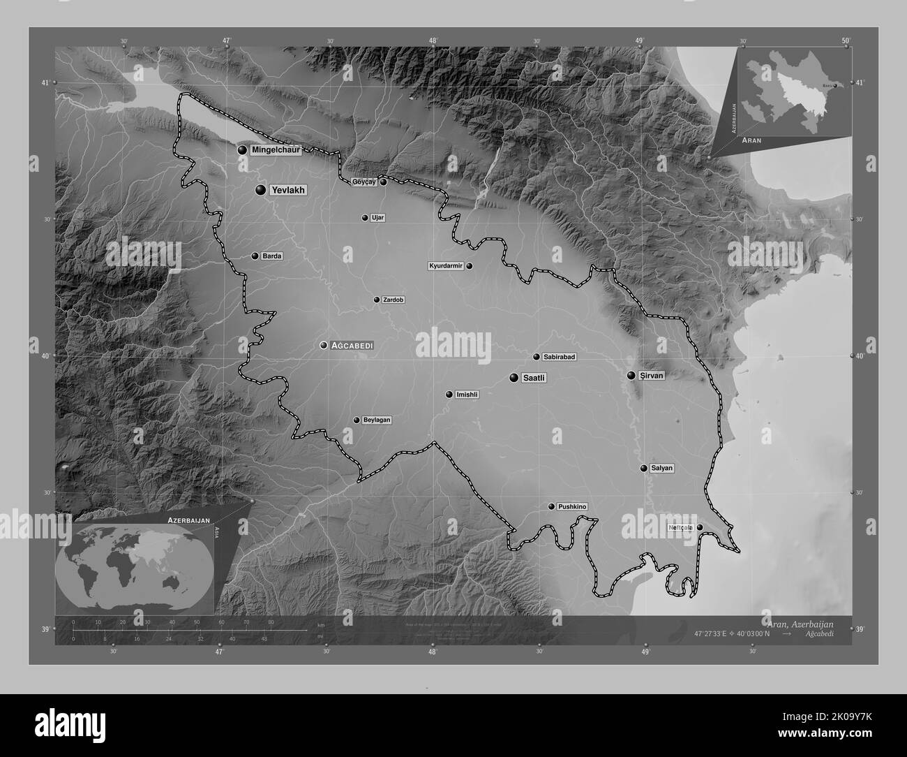 Aran, region of Azerbaijan. Grayscale elevation map with lakes and ...