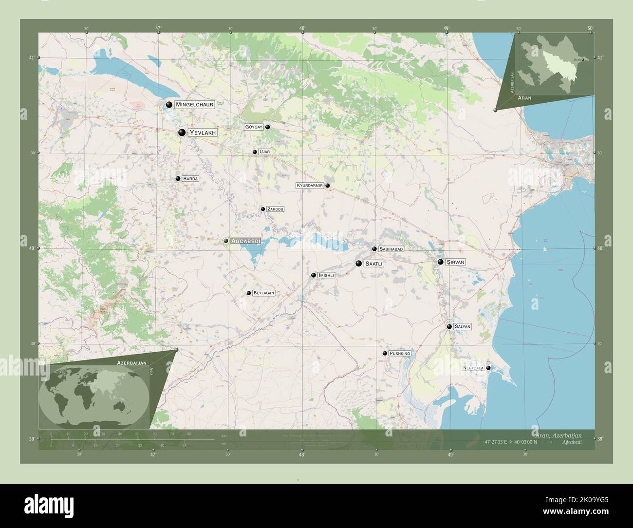 Aran, region of Azerbaijan. Open Street Map. Locations and names of ...