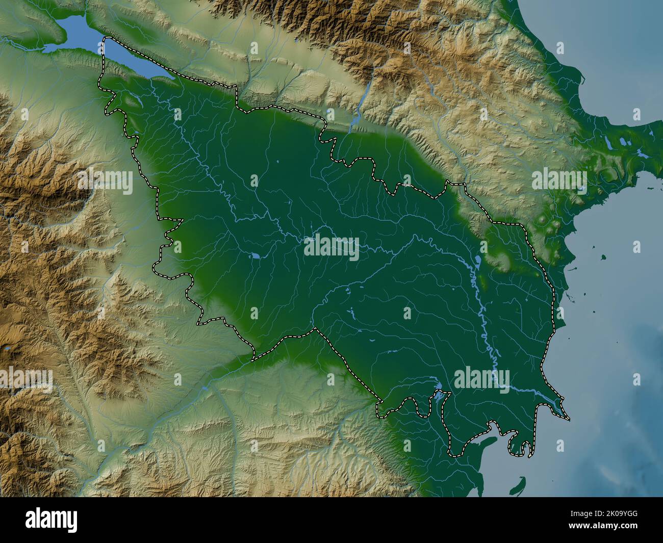 Aran, region of Azerbaijan. Colored elevation map with lakes and rivers ...
