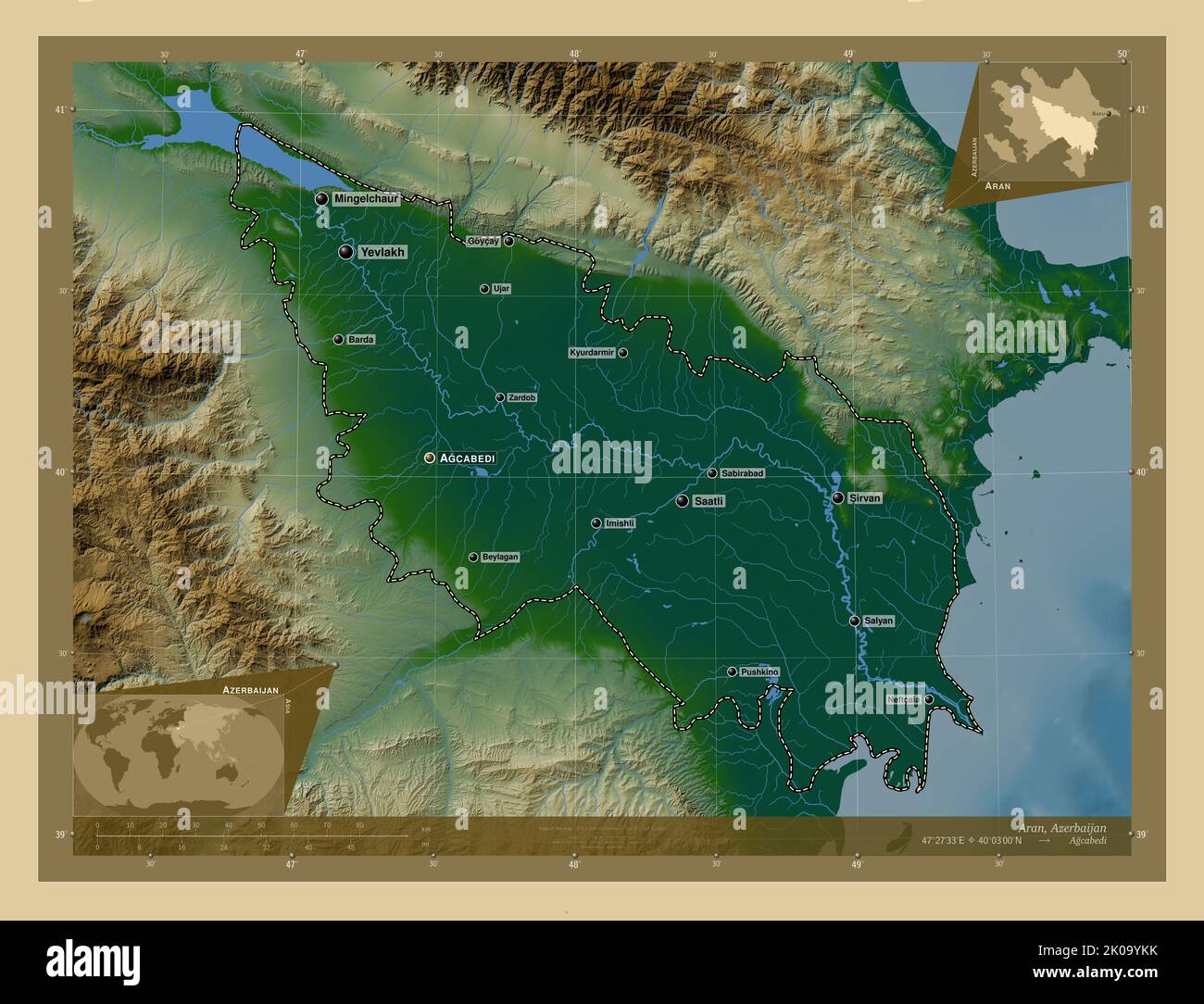 Aran, region of Azerbaijan. Colored elevation map with lakes and rivers ...