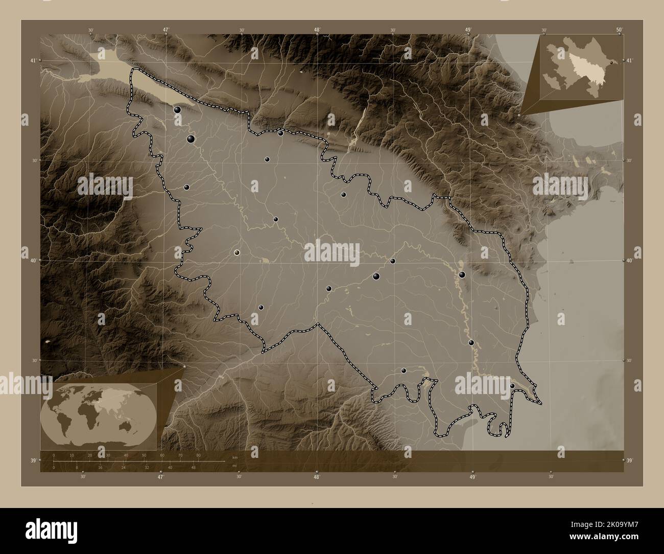 Aran, region of Azerbaijan. Elevation map colored in sepia tones with ...