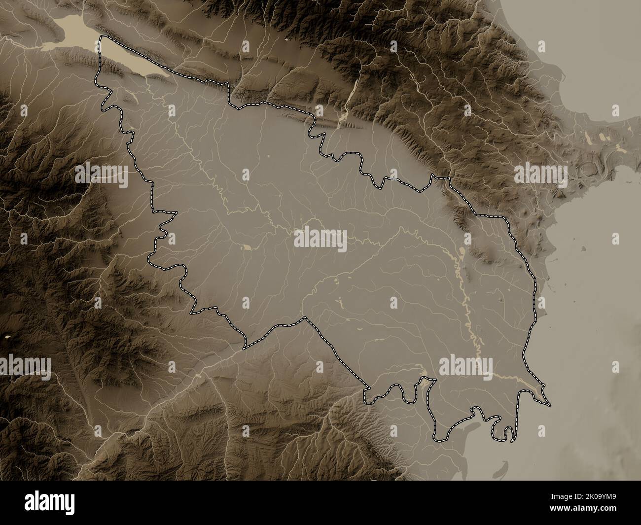 Aran, region of Azerbaijan. Elevation map colored in sepia tones with lakes and rivers Stock ...
