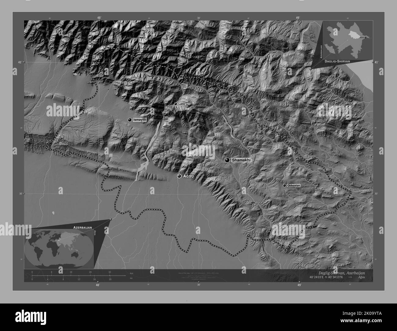 Daglig-Shirvan, region of Azerbaijan. Bilevel elevation map with lakes ...
