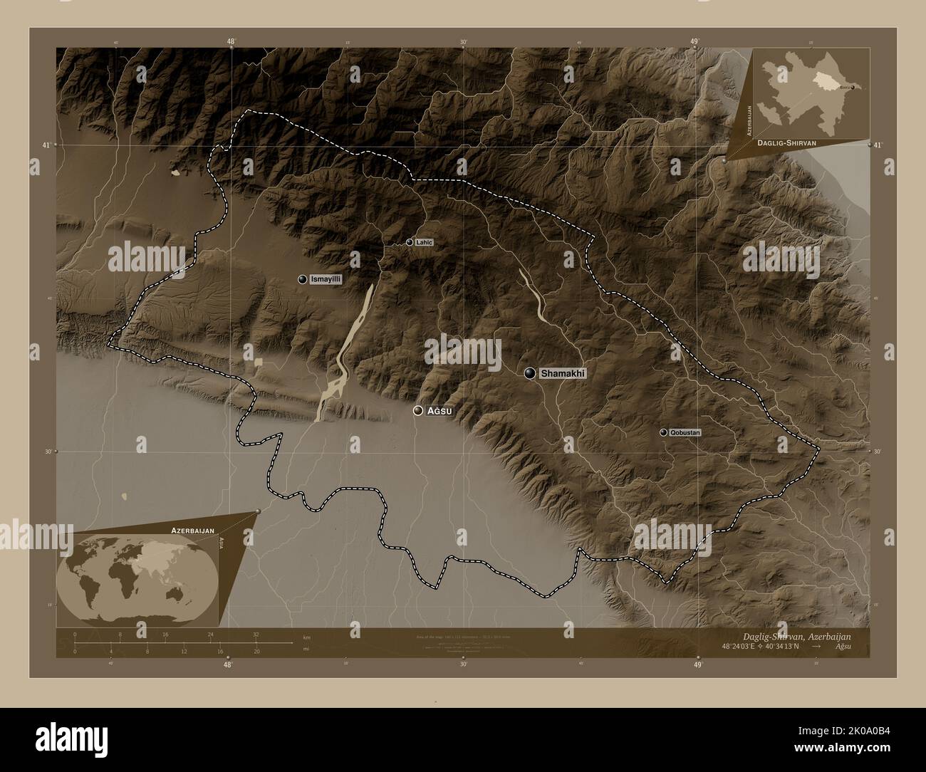Daglig-Shirvan, region of Azerbaijan. Elevation map colored in sepia ...