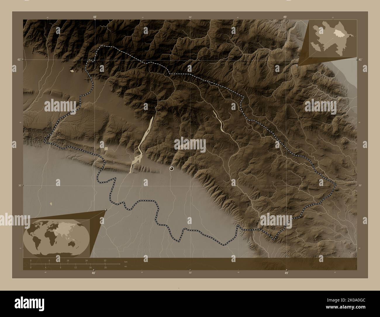 Daglig-Shirvan, region of Azerbaijan. Elevation map colored in sepia ...