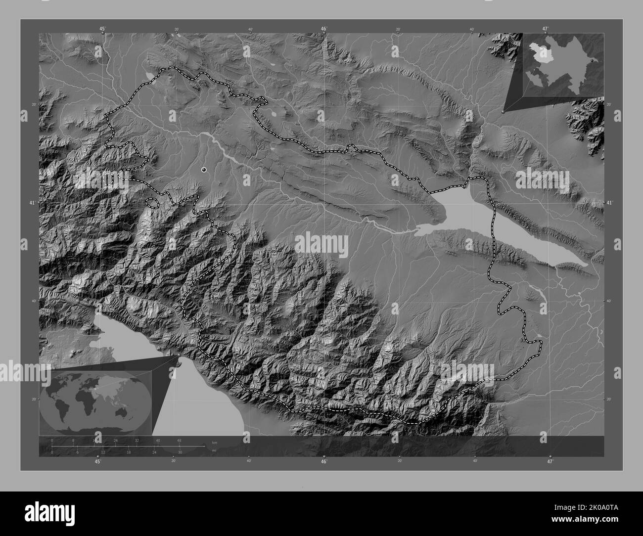 Ganja-Qazakh, region of Azerbaijan. Bilevel elevation map with lakes ...