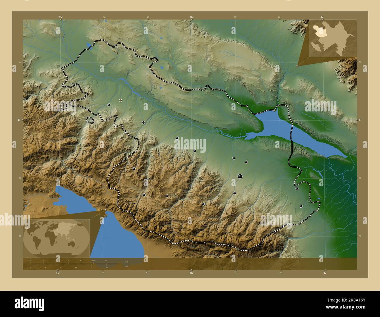Ganja-Qazakh, region of Azerbaijan. Colored elevation map with lakes ...
